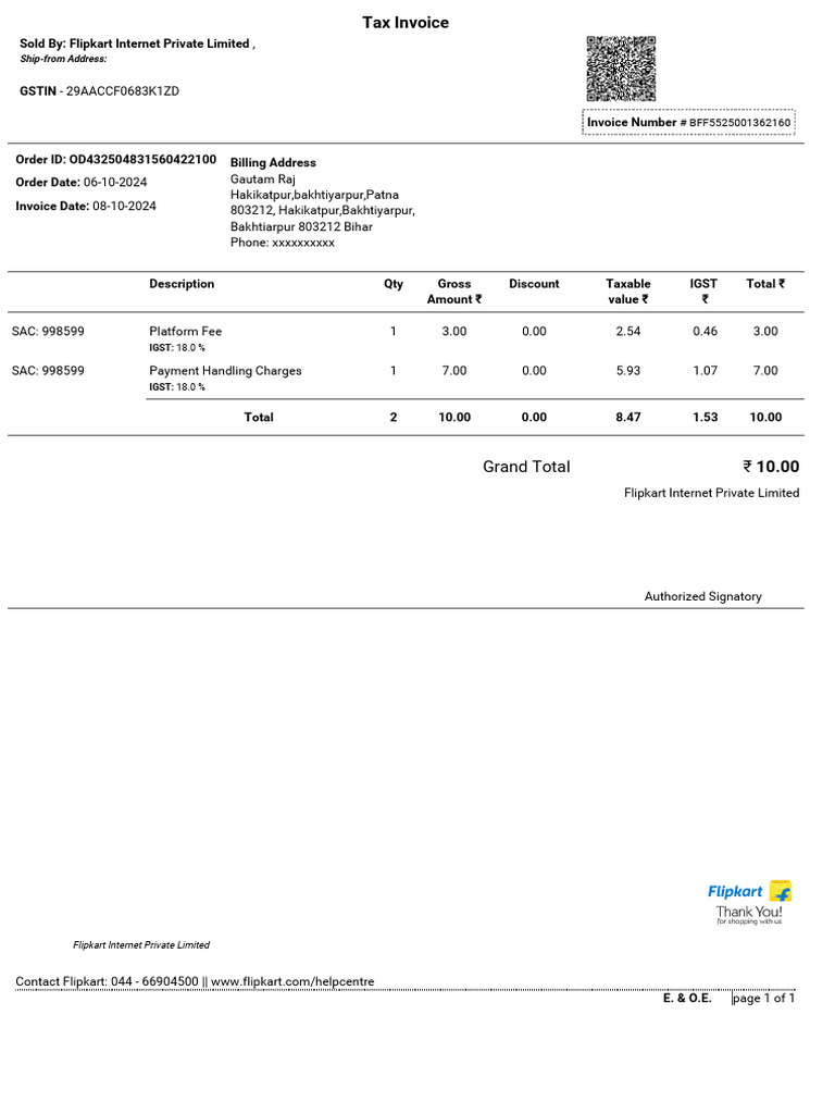 Flipkart Invoice for Trimmer Purchase | PDF