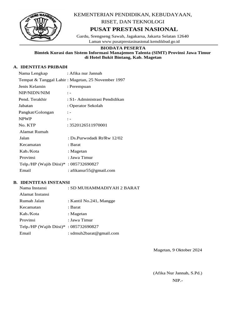 Biodata Peserta Bimtek - Isna | PDF
