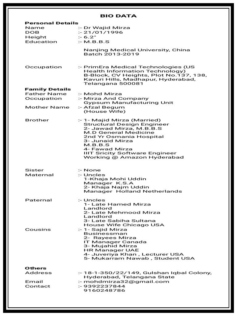Dr. Wajid Mirza Bio Data Overview | PDF