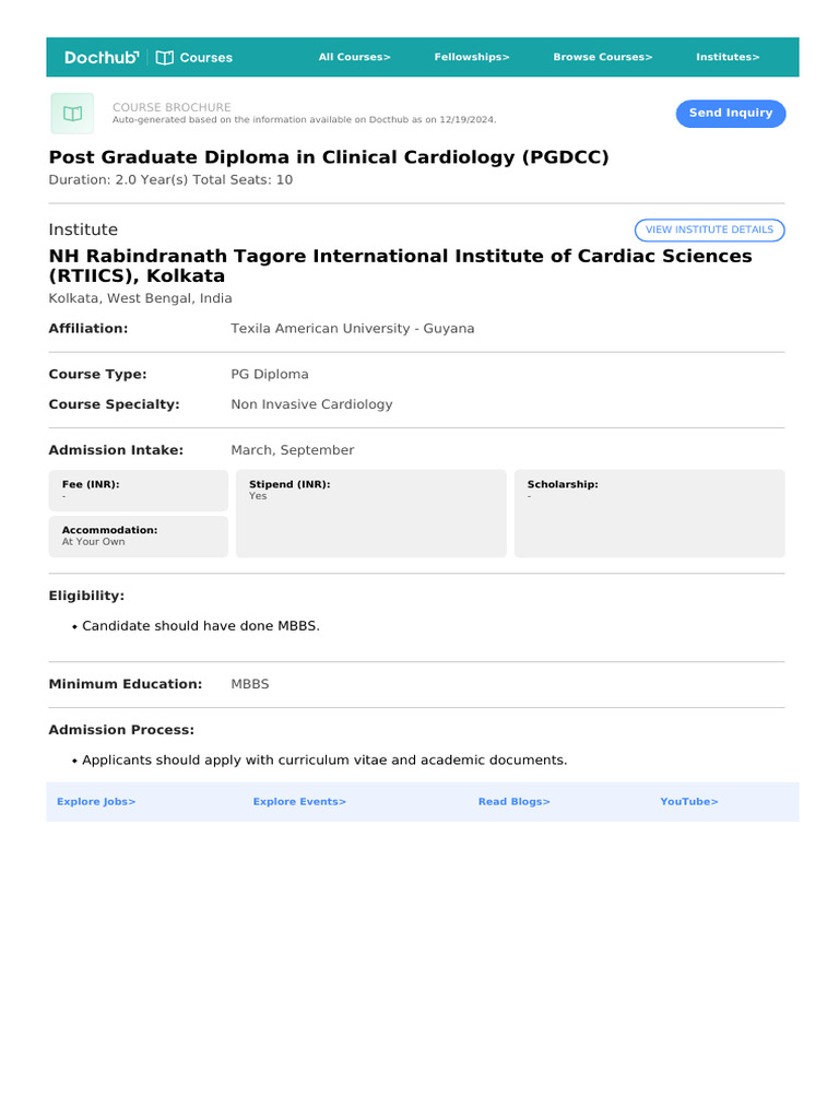 Post Graduate Diploma in Clinical Cardiology (PGDCC) : Institute | PDF