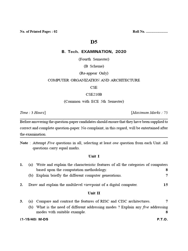 Btech Cse 4 Sem Computer Organization and Architecture d5 2020 | PDF | Computing | Digital ...