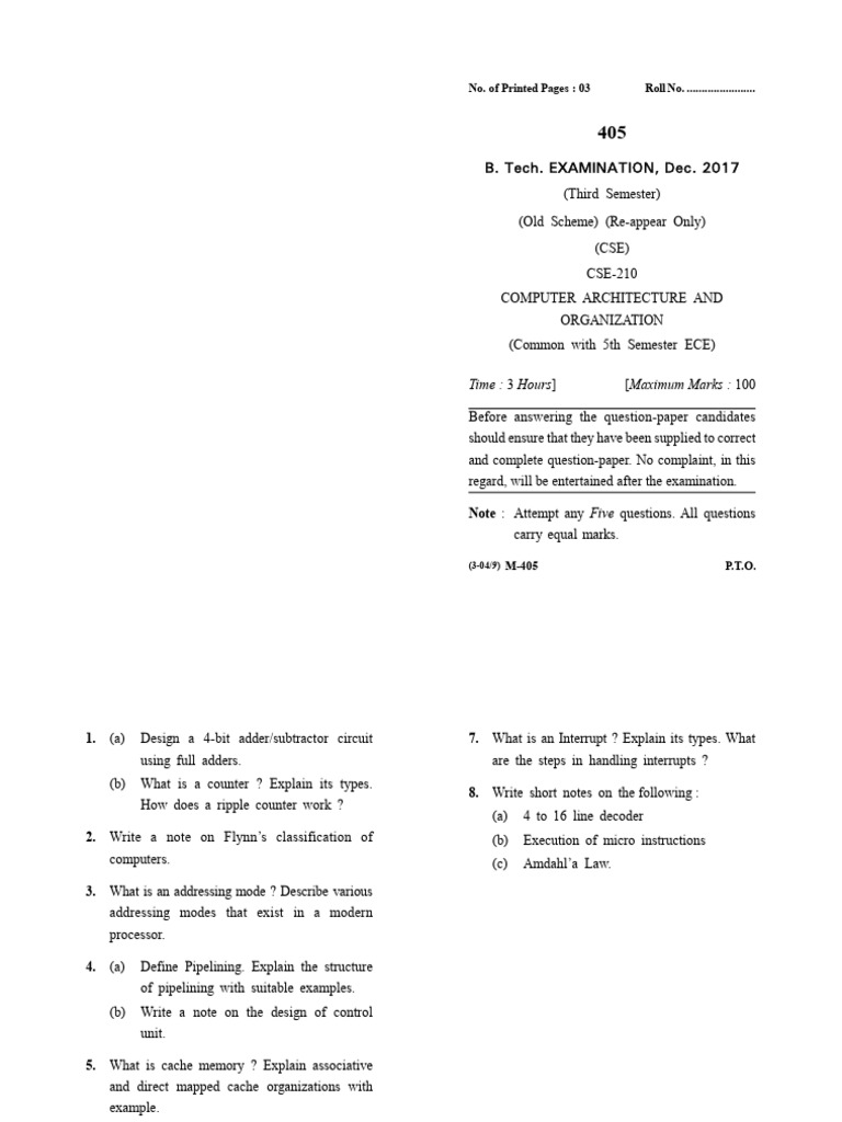 Btech Cse 3 Sem Computer Architecture and Organization Cse210 Dec 2017 | PDF | Cpu Cache ...