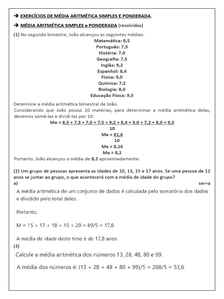 Exercícios de Média Aritmética Simples e Ponderada | PDF