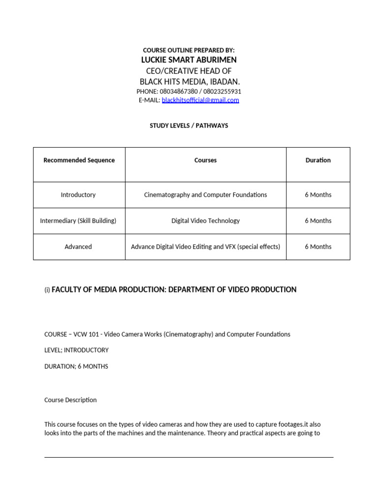 Video Production Course Outline | PDF | Academic Dishonesty | Editing