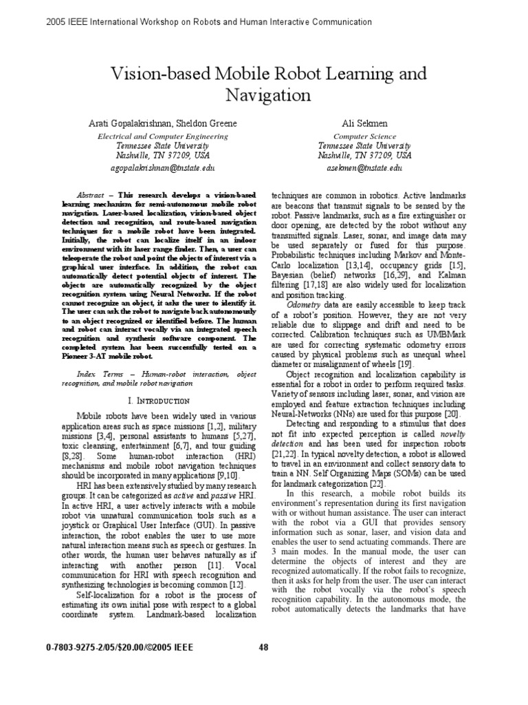 Vision Based Mobile Robot Learning And Navigation Pdf Robot Robotics