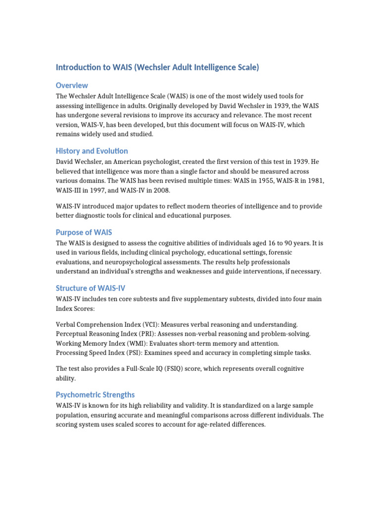 Introduction_to_WAIS | PDF | Wechsler Adult Intelligence Scale | Cognition