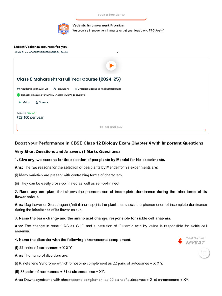 CBSE Class 12 Biology Chapter 4 - Principles of Inheritance and Variation Important Questions ...