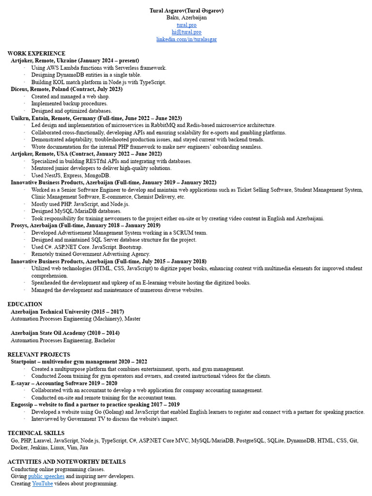 Tural Asgarov CV | PDF | Computing | Software Engineering Tural Asgarov CV | PDF | Computing | Software Engineering