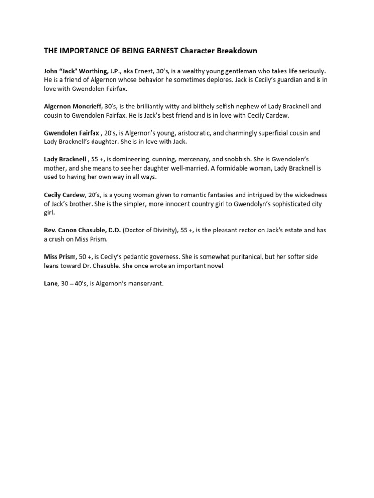 Earnest Character Descriptions | PDF