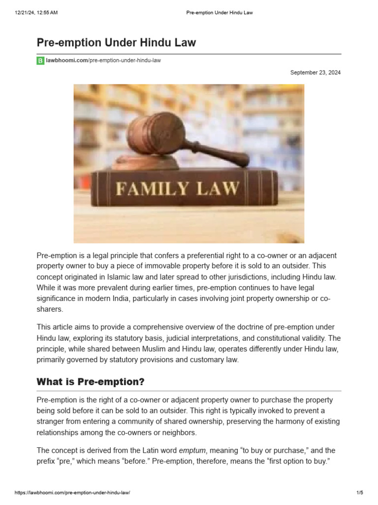 Pre-emption in Hindu Law Explained | PDF | Fundamental Rights | Civil Law (Common Law)