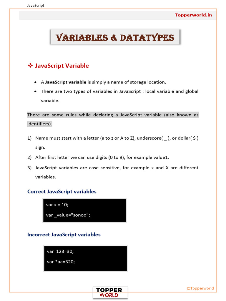 Js Variables And Data Type 3 Pdf Data Type Variable Computer Science
