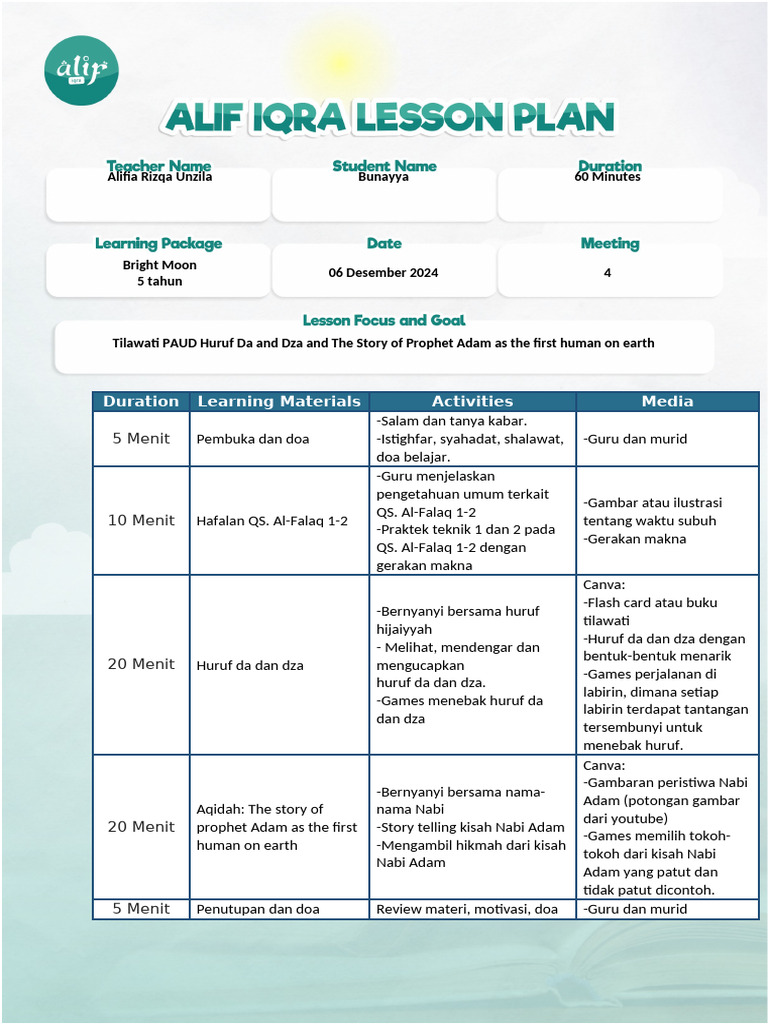 Lesson Plan Alif Iqra | PDF