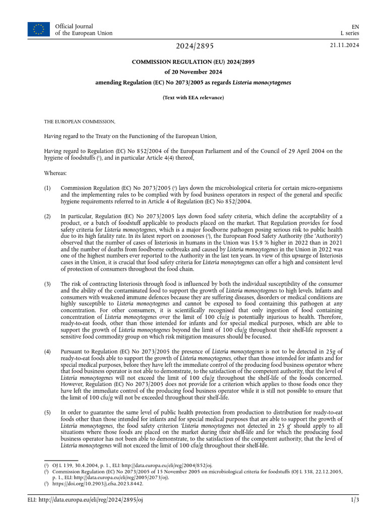 Commission Regulation Eu 2024 2895 1732208508 | PDF | Food Safety ...