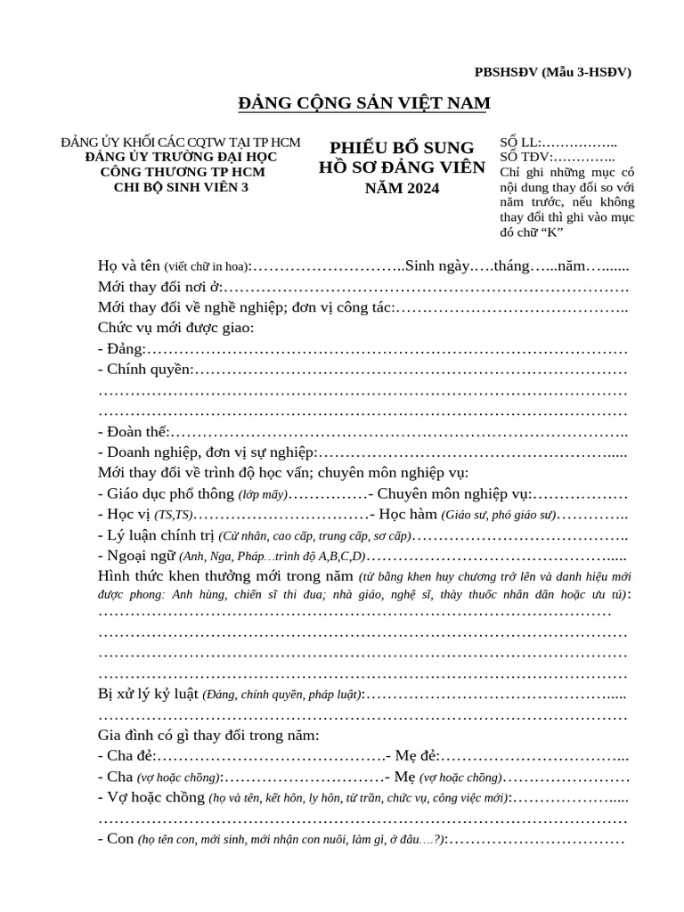 Phieu Bo Sung Ho So Dang Vien | PDF