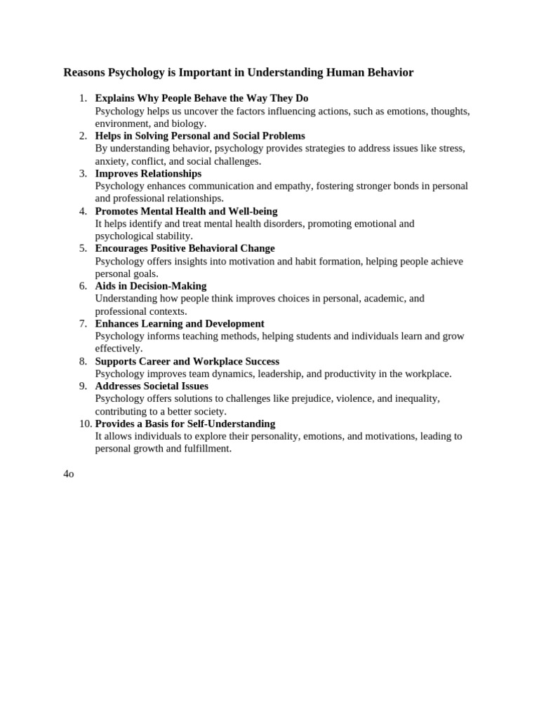 Reasons Psychology Is Important in Understanding Human Behavior | PDF