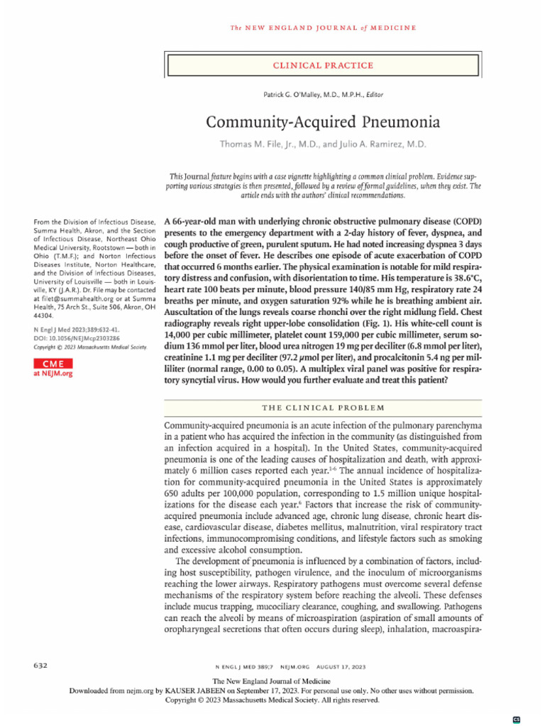 Community Acquired Pneumonia. NEJM | PDF