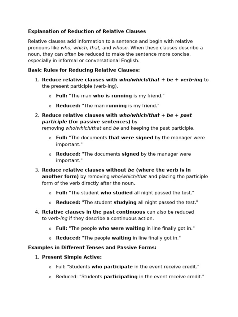 Explanation of Reduction of Relative Clauses | PDF | Verb | Languages Explanation of Reduction of Relative Clauses | PDF | Verb | Languages