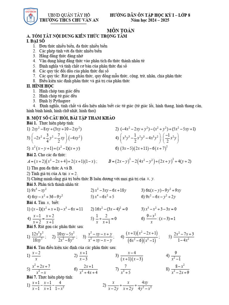 On Tap Hoc Ky 1 Toan 8 Nam 2024 2025 Truong Thcs Chu Van An Ha Noi | PDF