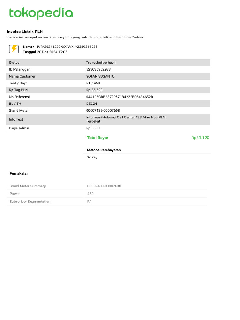 Invoice Tagihan Listrik Des 2024 | PDF