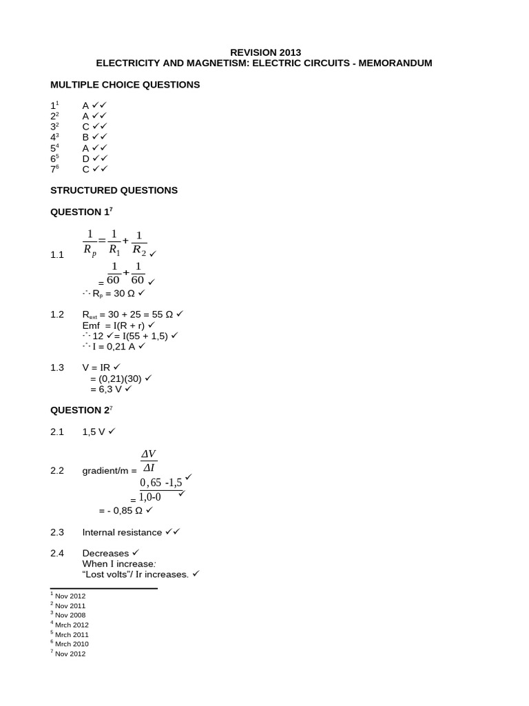 Grade 12 Electric Circuits Memorandum | PDF | Voltage | Electrical ...