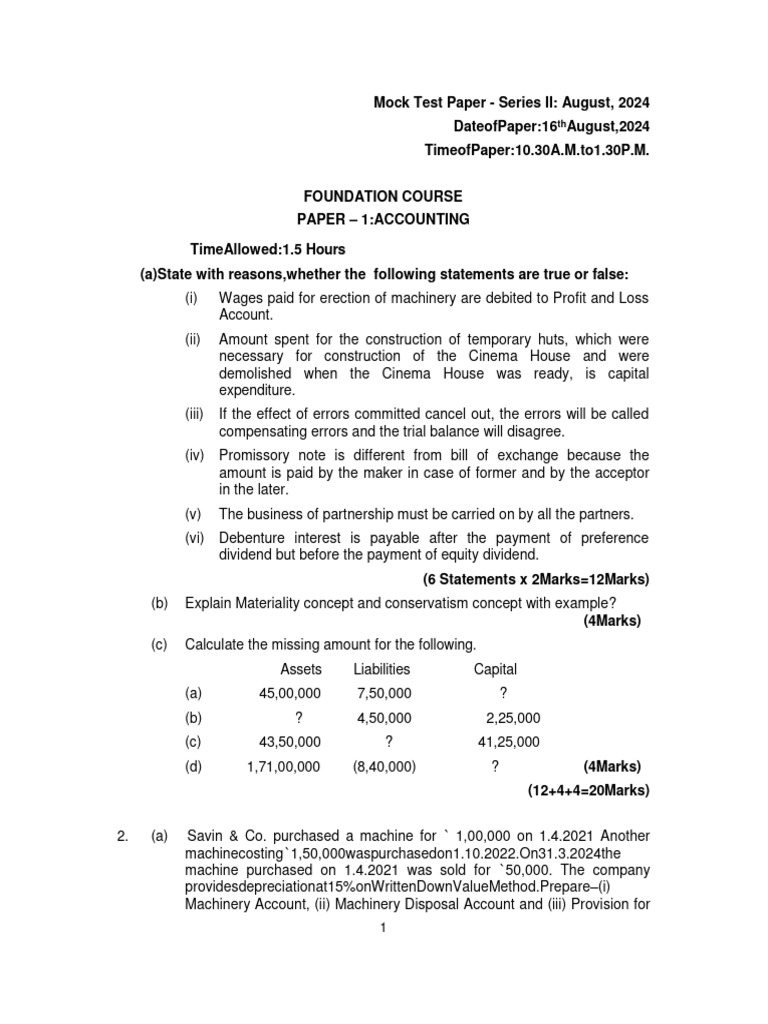 Accounting Mock Test Paper August 2024 | PDF | Banks | Cheque