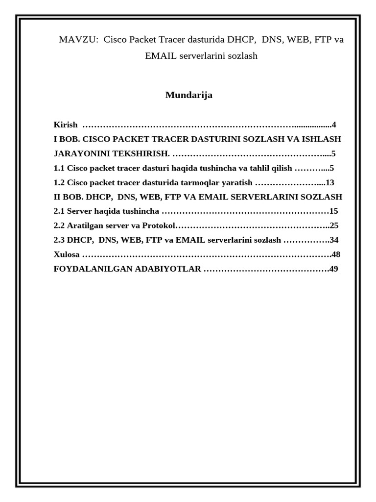 Mundarija Kirish I Bob. Cisco Packet Tracer Dasturini Sozlash Va | PDF
