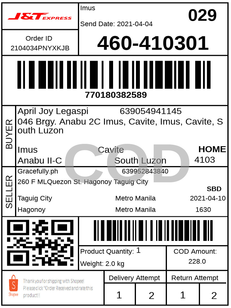 Air Waybill J T Express 1 1 1 | PDF