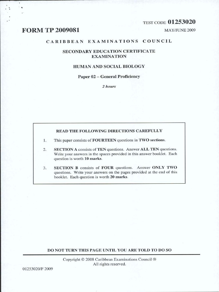 CSEC Human and Social Biology P2 2009 | PDF | Pancreas | Fetus