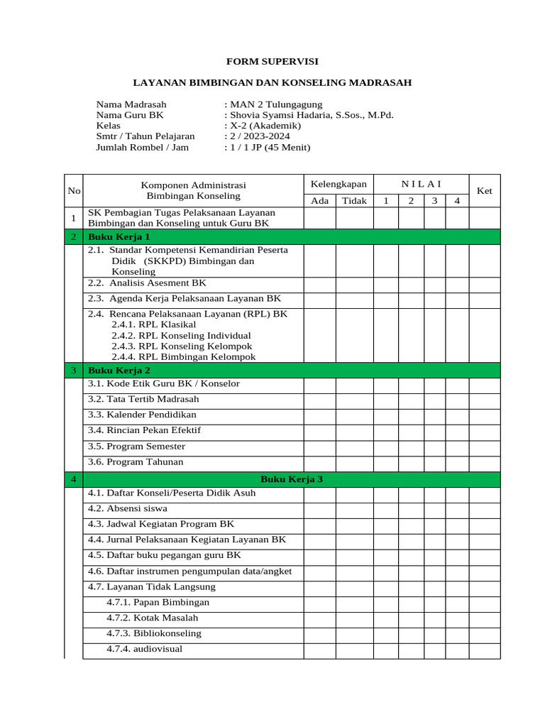 Form SUPERVISI LAYANAN BIMBINGAN DAN KONSELING Shovia | PDF