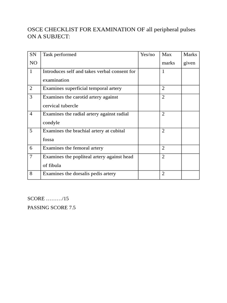 Osce Checklist for Examination of Peripheral Pulses on a Subject | PDF