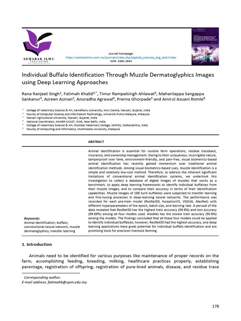 Individual Buffalo Identification Through Muzzle Dermatoglyphics Images Using Deep Learning ...