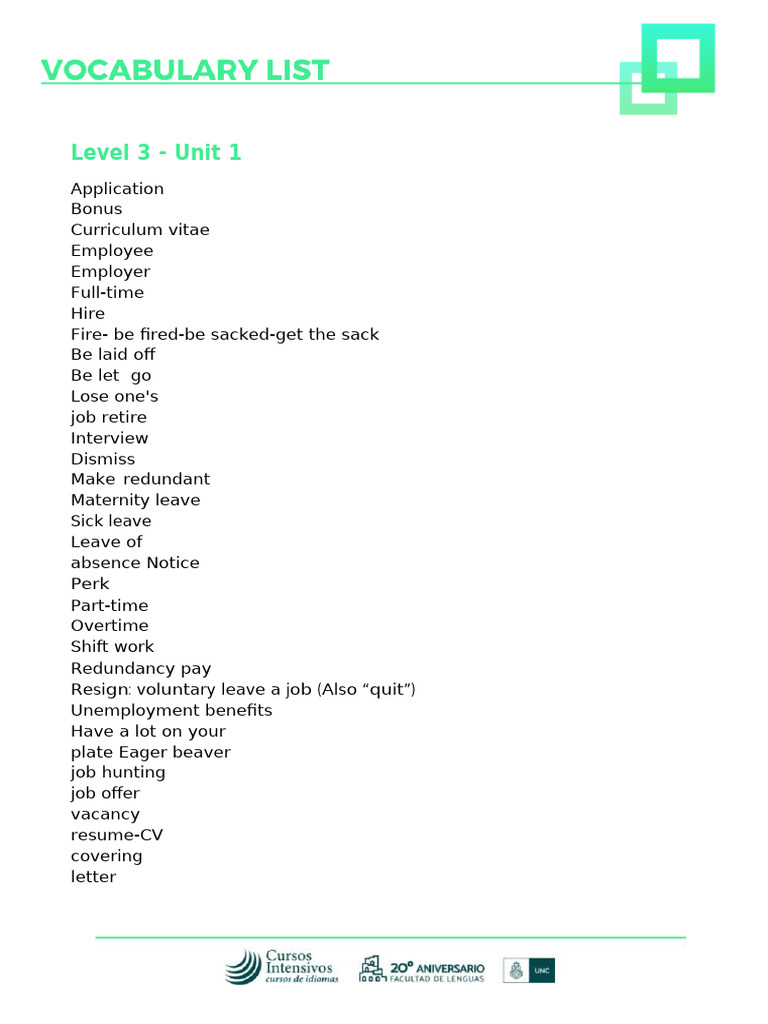 l3 U1 Vocabulary List | PDF