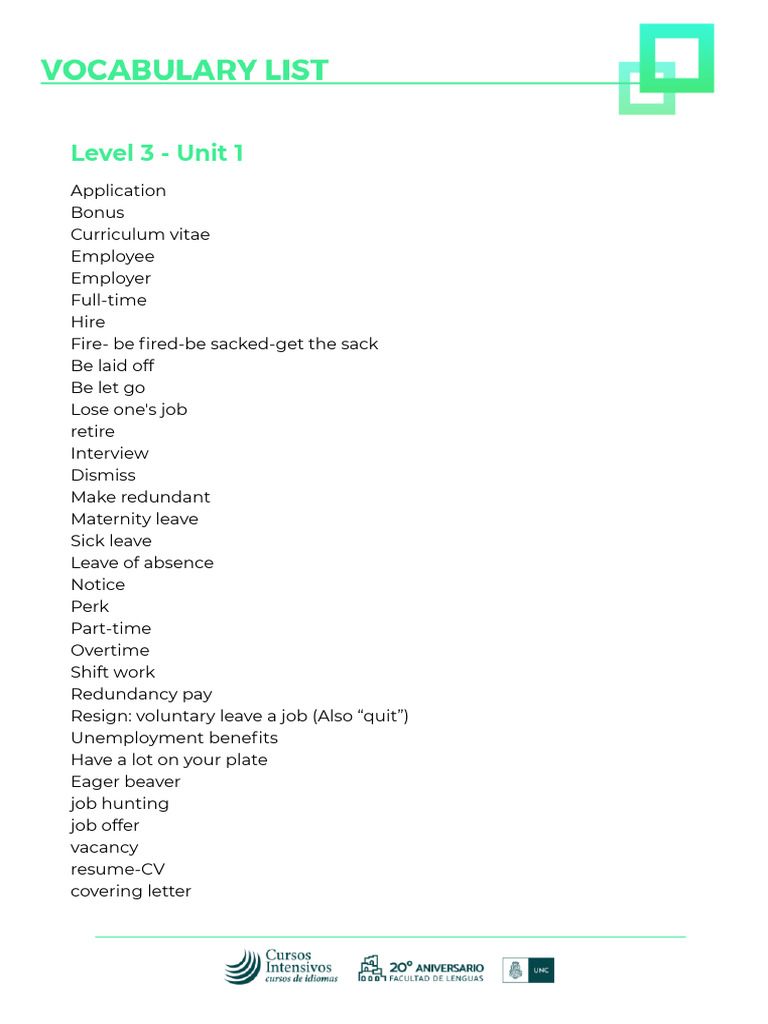 l3 u1 Vocabulary List | PDF
