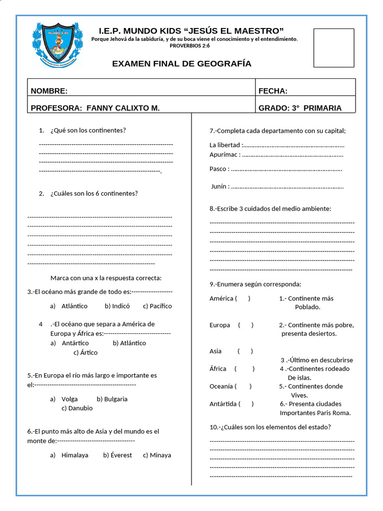 Examen Geografía 3° Primaria | PDF | Continente | Geografía Física