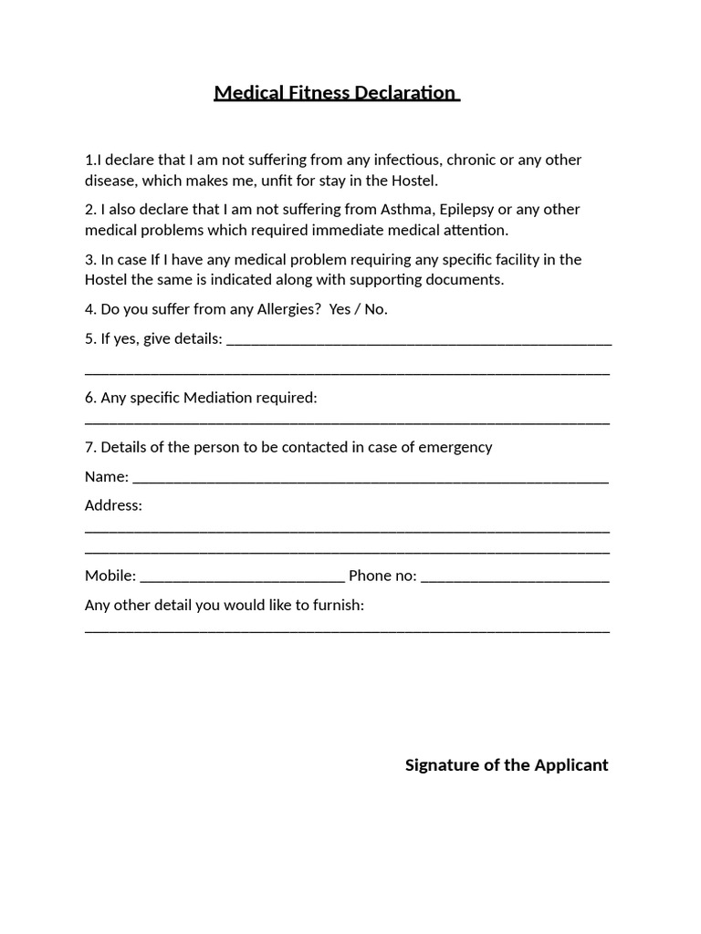 Medical Fitness Declaration | PDF