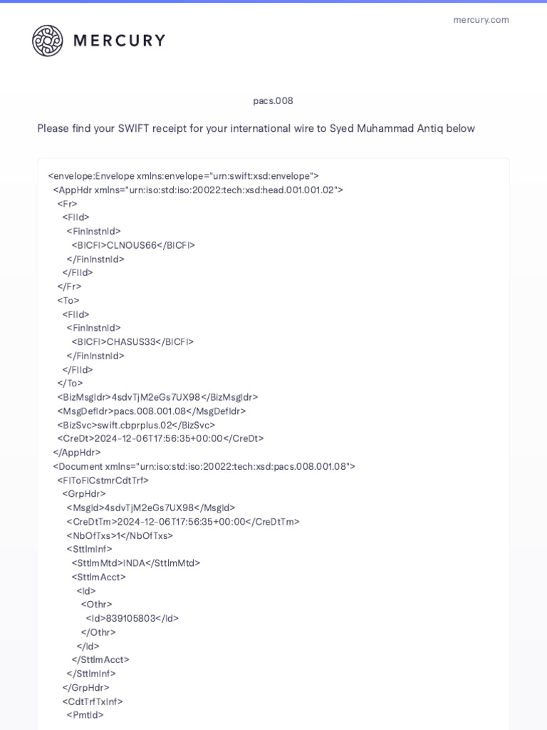 SWIFT Receipt for International Wire Transfer | PDF