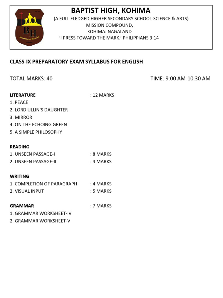 Class-ix Preparatory Exam Syllabus for English (2024) | PDF Class-ix Preparatory Exam Syllabus for English (2024) | PDF