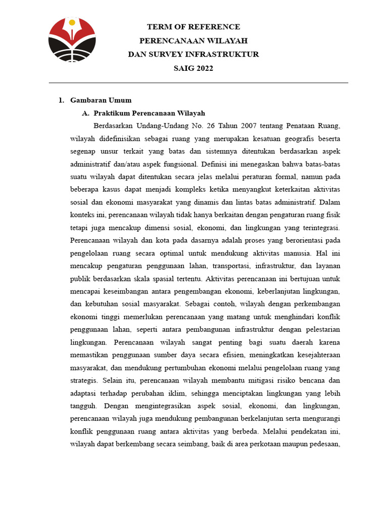 ToR PESERTA PRAKTIKUM (Perencanaan Wilayah Dan Infrastruktur) | PDF