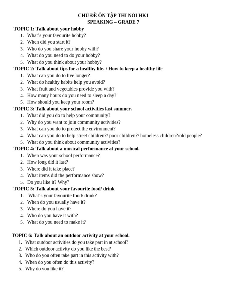 Speaking Topics Grade 7 | PDF