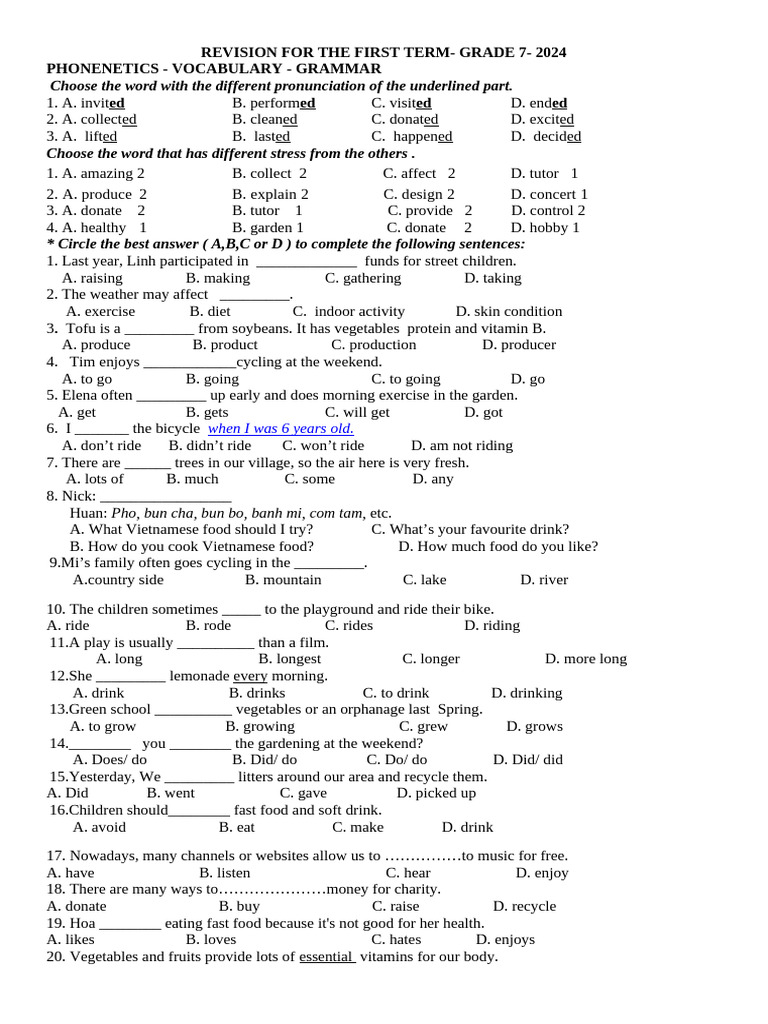 ôn thi cuối hki anh văn lớp 7 | PDF | Foods