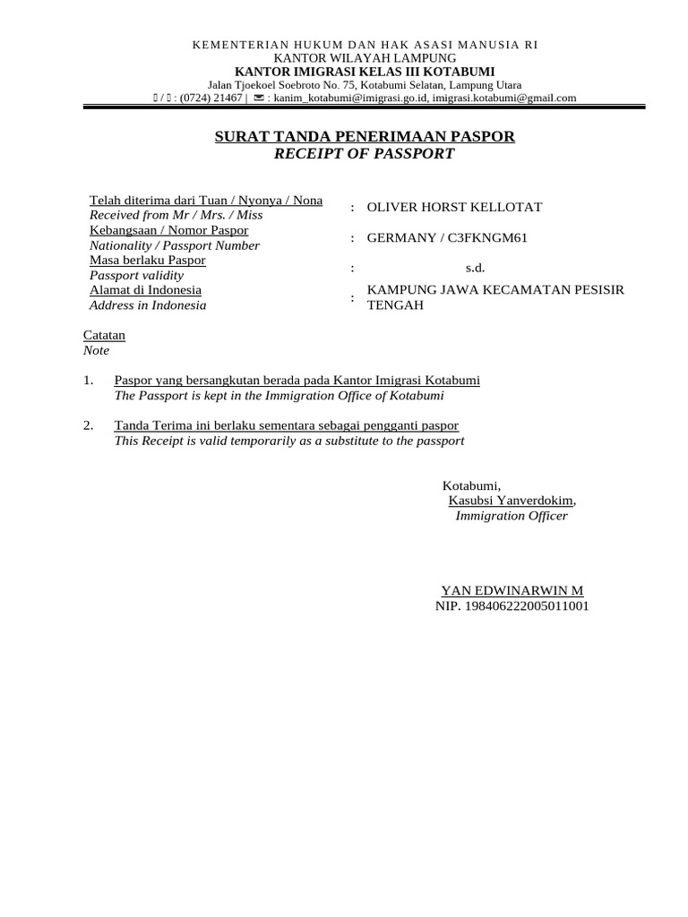 surat tanda terima paspor stp - dean benjamin murray 2019 | PDF