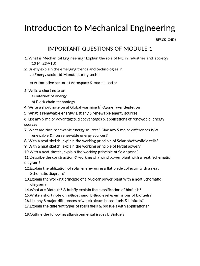 Introduction To Mechanical Engineering Module 1 IMP Questions | PDF