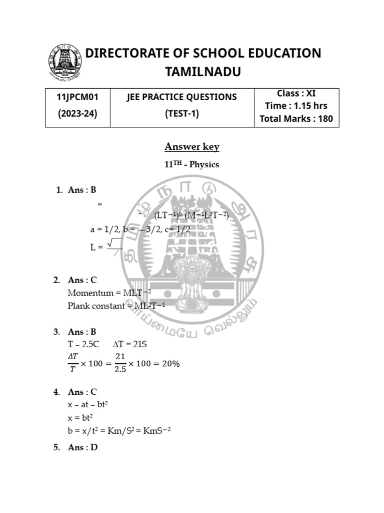 11JPCM01 Answer Key (1) | PDF | Physics | Physical Sciences
