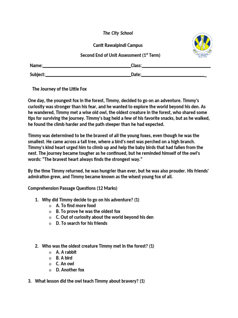 Timmy's Brave Adventure Assessment | PDF
