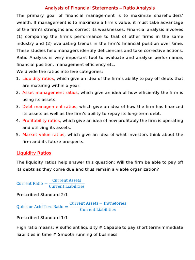 Analysis of Financial Statements - Ratio Analysis | PDF | Equity ...