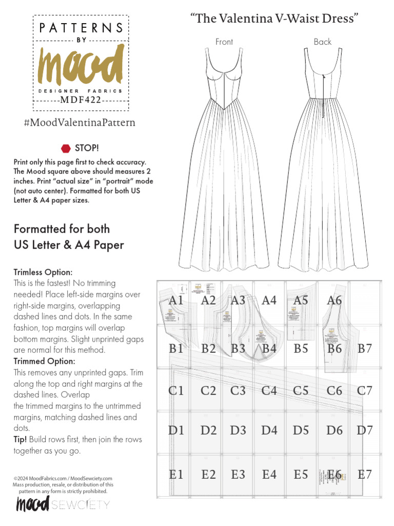 MDF422 The Valentina V Waist Dress Sizes XXS 4XL A4 Letter Patterns ...