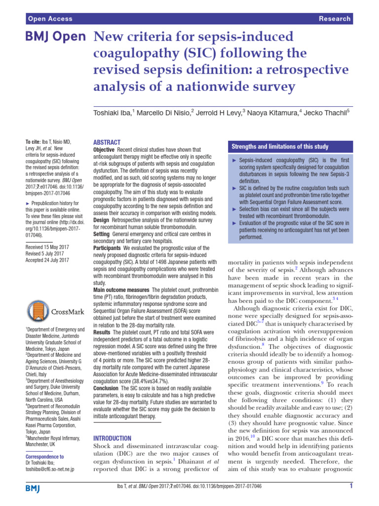 New Criteria For Sepsis-Induced Coagulopathy (SIC) Following The ...