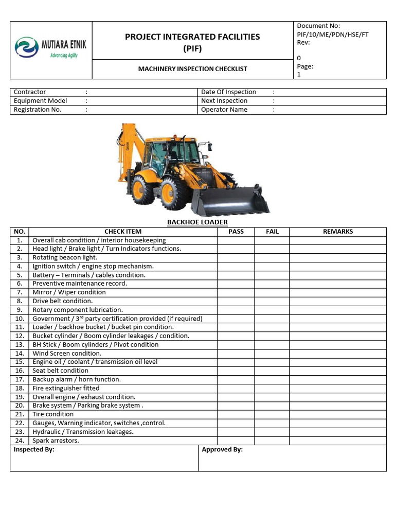 Backhoe Loader Inspection Checklist | PDF