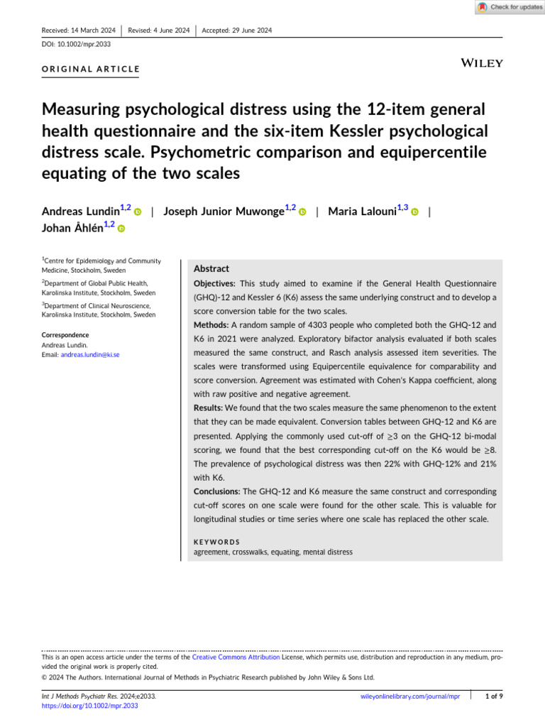 Int J Methods Psych Res - 2024 - Lundin - Measuring Psychological Distress Using The 12 Item ...