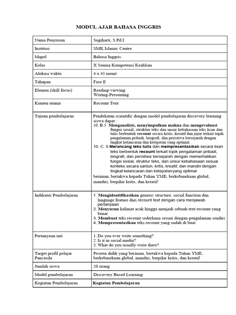 Contoh Modul Ajar Dengan Discovery Learning Model | PDF